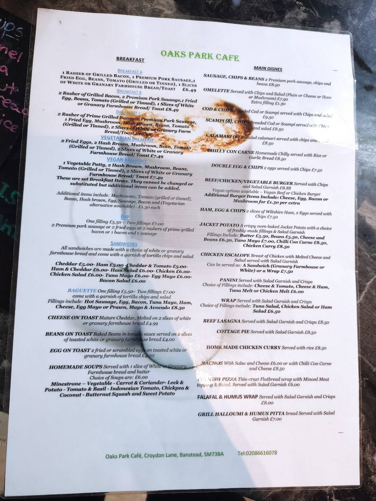 Menu at Oaks Park Cafe, Banstead