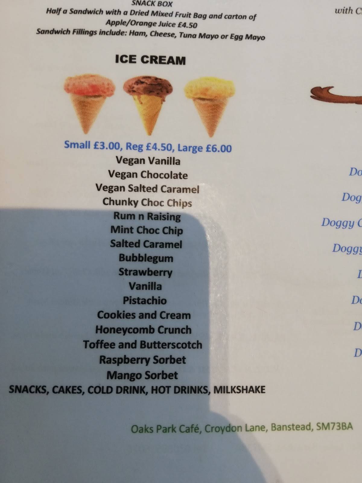 Menu at Oaks Park Cafe, Banstead