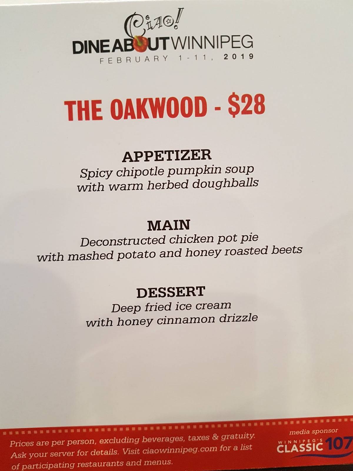 Menu at Oakwood Cafe, Winnipeg