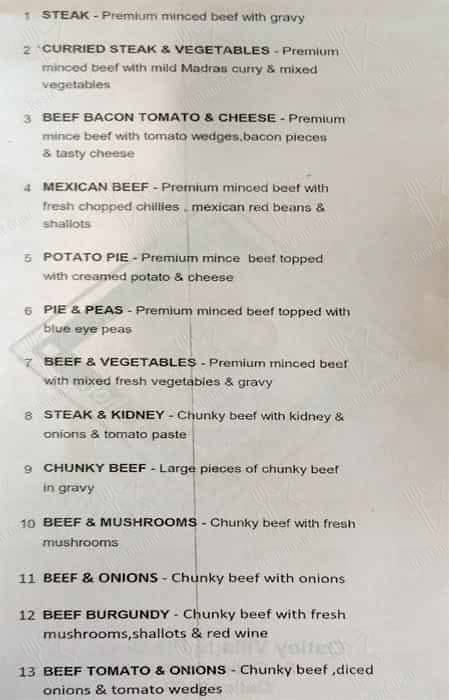 Menu at Oatley Village Pie Shop restaurant, Oatley
