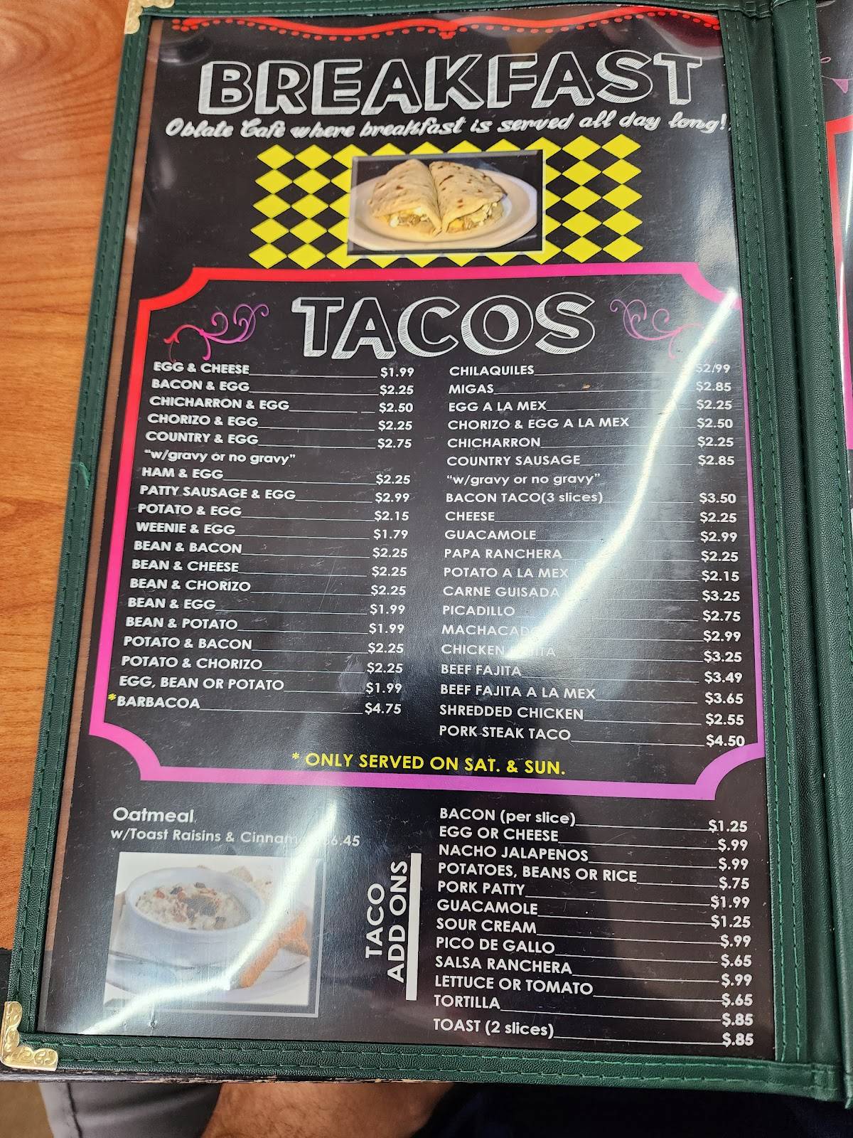 Menu at Oblate Cafe, San Antonio, 904 Oblate Dr
