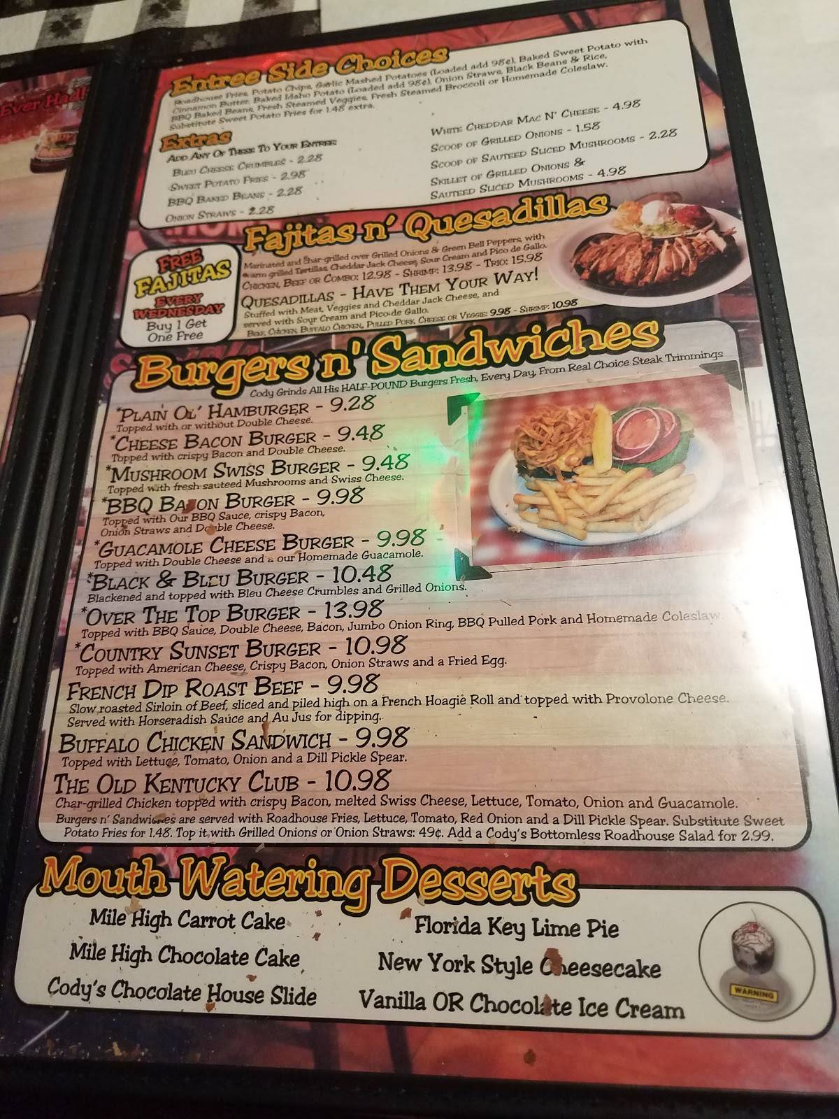 Menu at Cody's Original Roadhouse - Ocala, FL restaurant, Ocala, SW ...