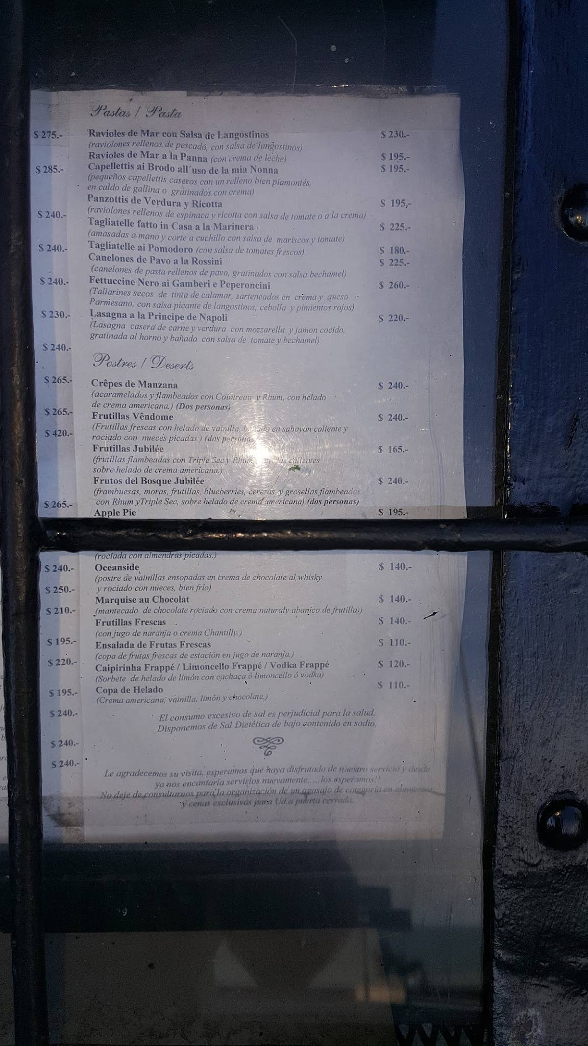 Menu at Oceanside restaurant, Mar del Plata