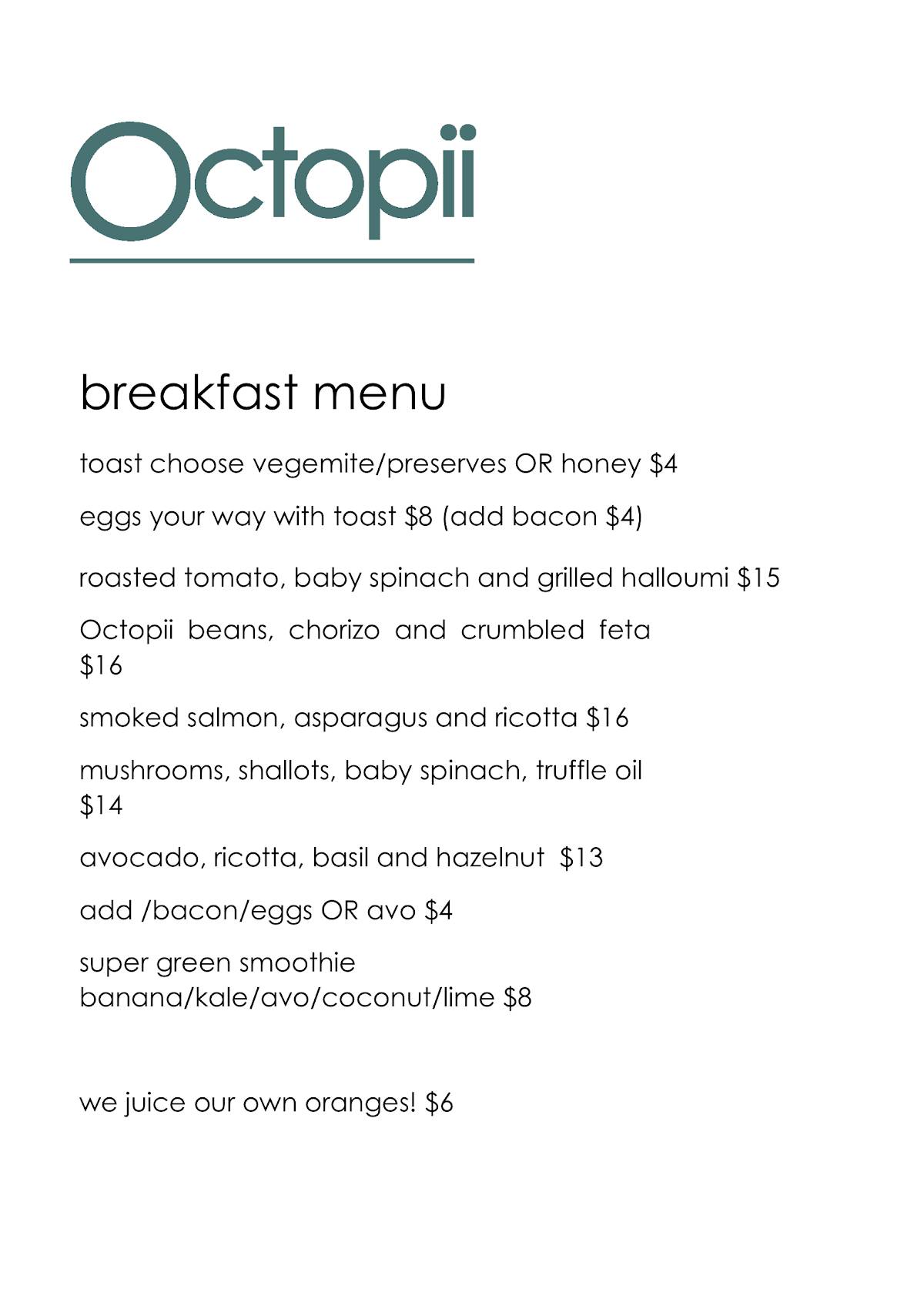Menu at Octopii Restaurant, Bermagui