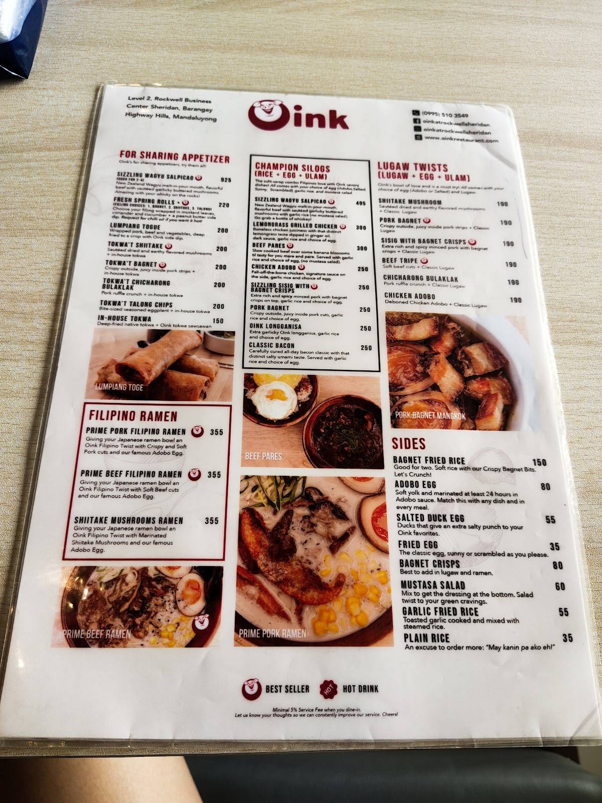 Menu at Oink at Rockwell Sheridan restaurant, Mandaluyong