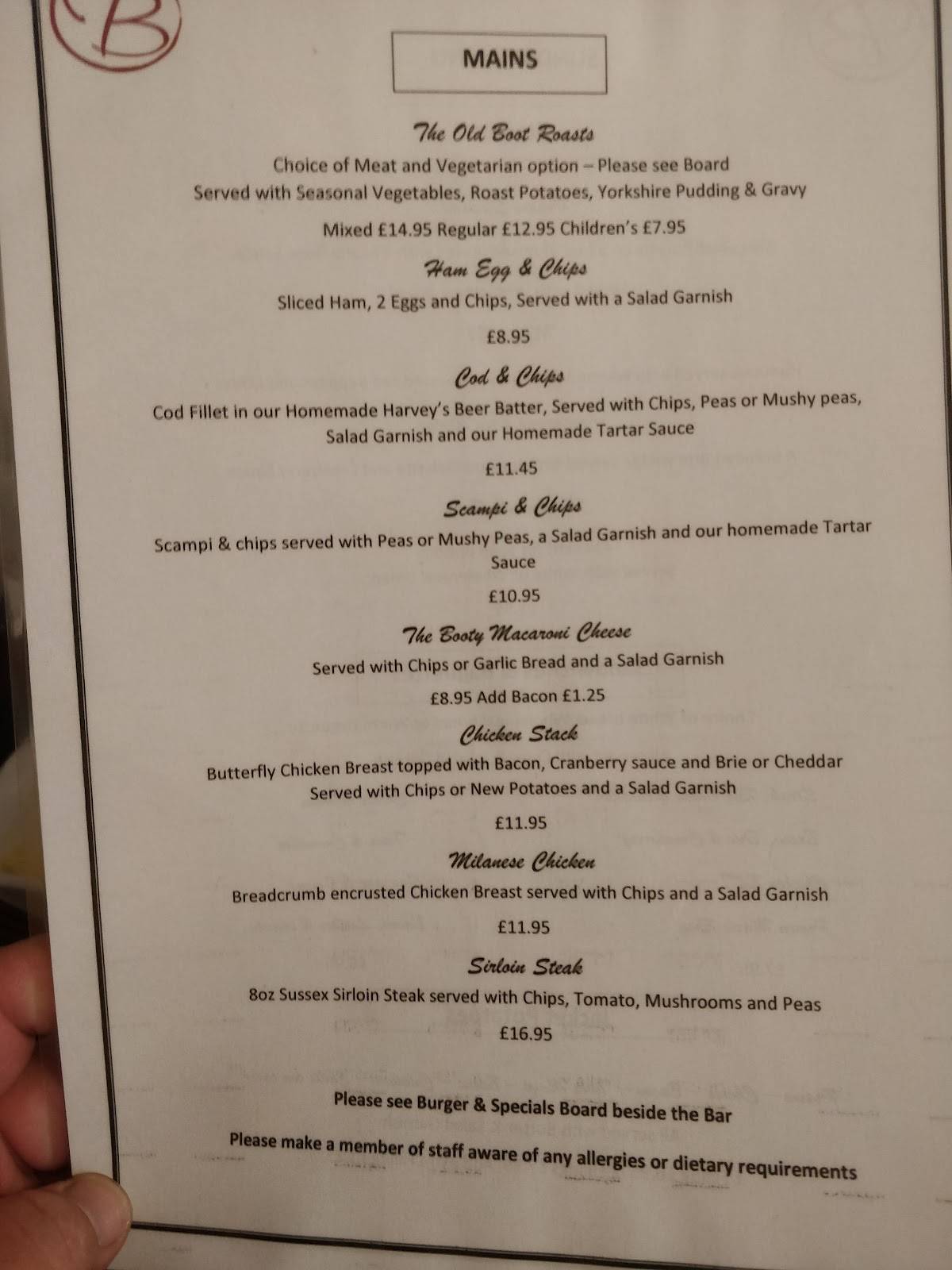 Menu at Old Boot Inn pub & bar, Seaford