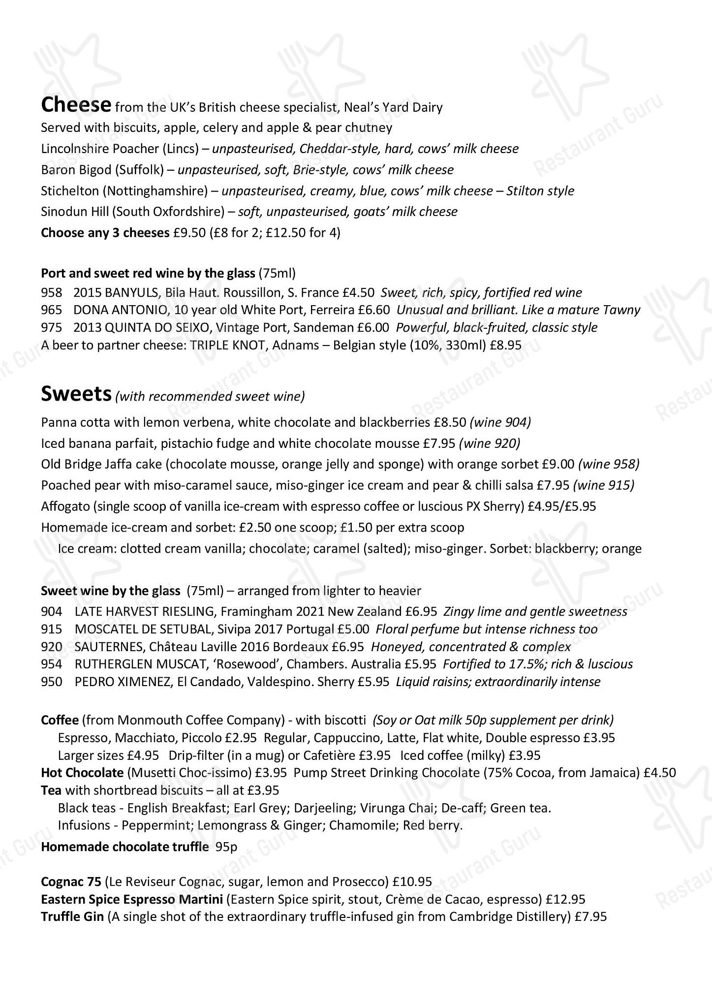 Menu at The Old Bridge Hotel restaurant, Huntingdon