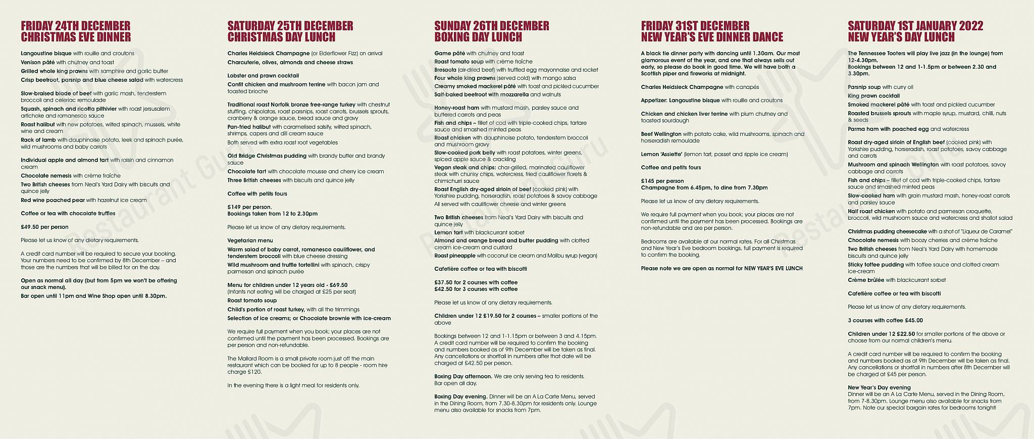Menu at The Old Bridge Hotel restaurant, Huntingdon