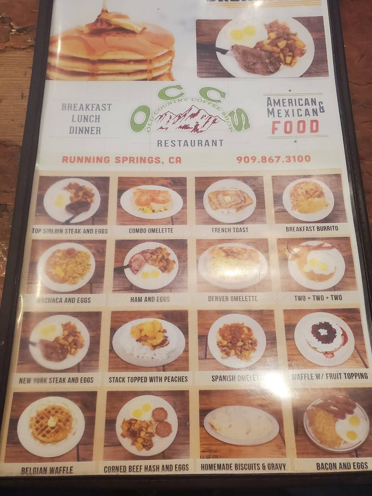 Menu at Old Country Coffee Shop restaurant, Running Springs