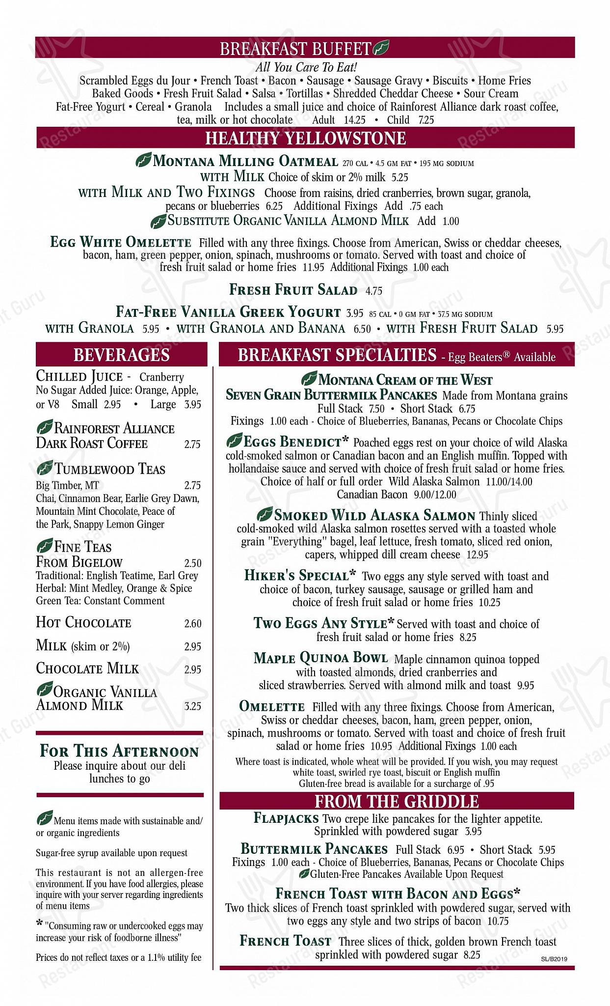 Menu at Old Faithful Snow Lodge Obsidian Dining Room restaurant, USA, 2 ...