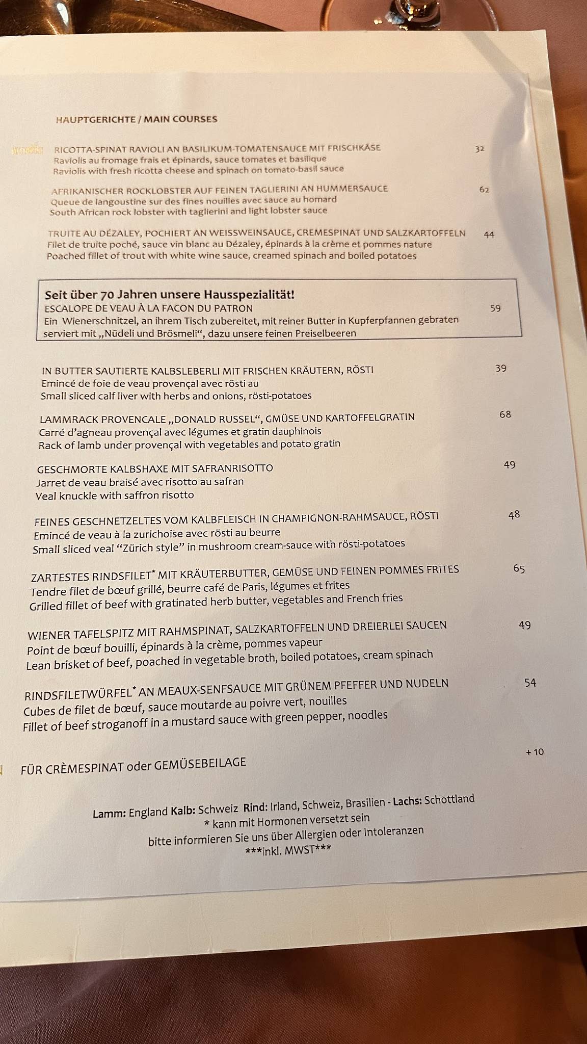 Menu au Old Swiss House, Lucerne, Löwenpl. 4