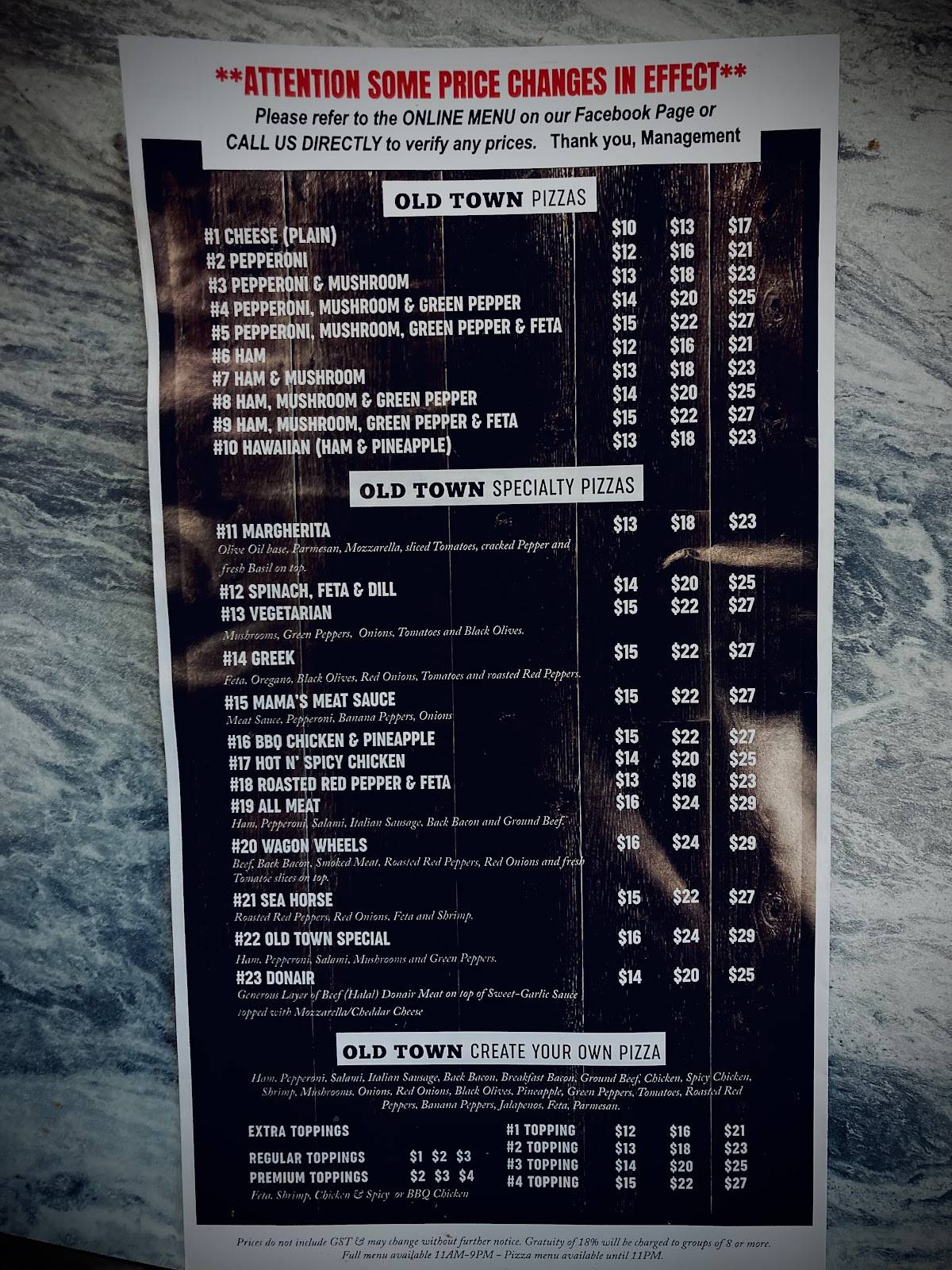 Menu at Old Town Pizza House Bar & Grill, Airdrie