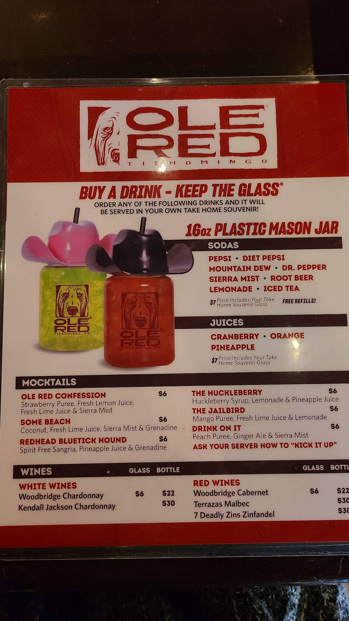 Menu at Ole Red pub & bar, Tishomingo