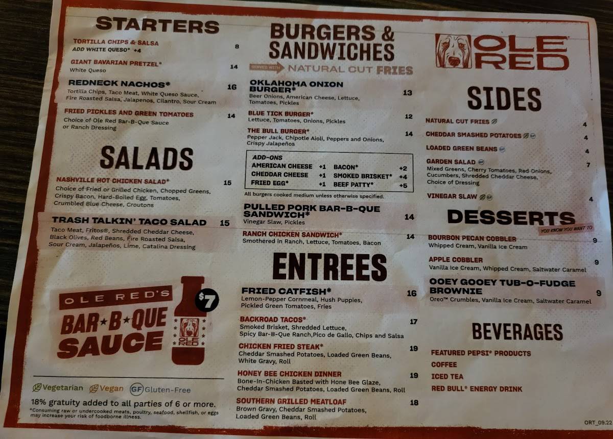 Menu at Ole Red pub & bar, Tishomingo
