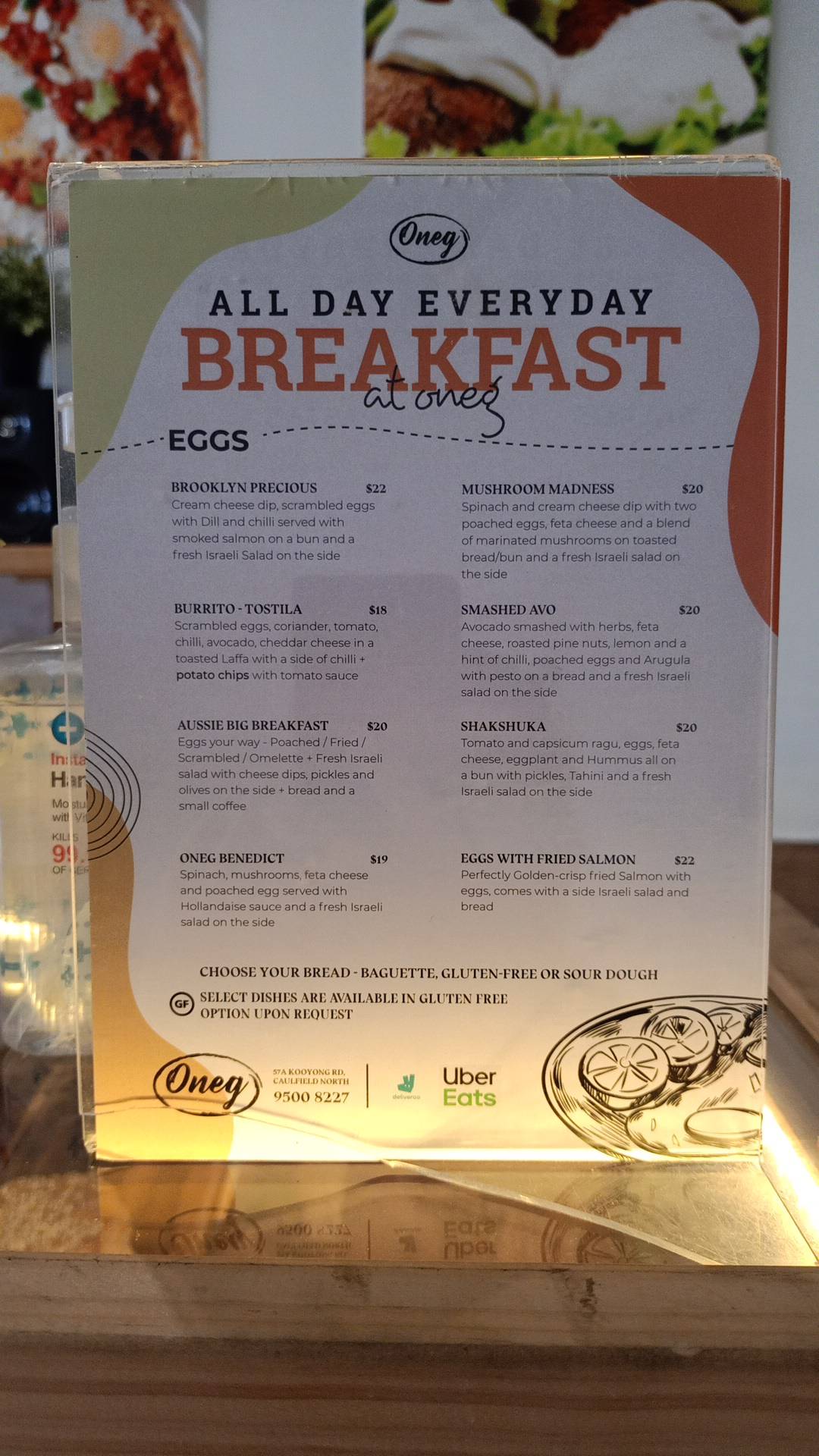 Menu at Oneg restaurant, Caulfield North