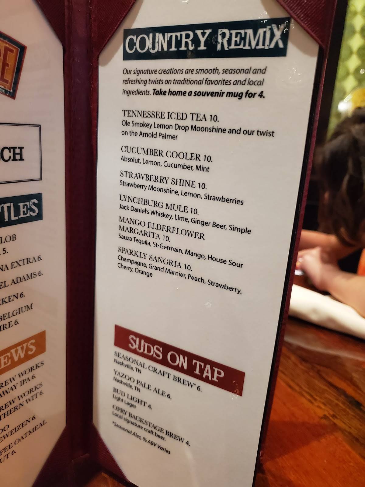 Menu at Opry Backstage Grill at The Inn at Opryland restaurant, Nashville