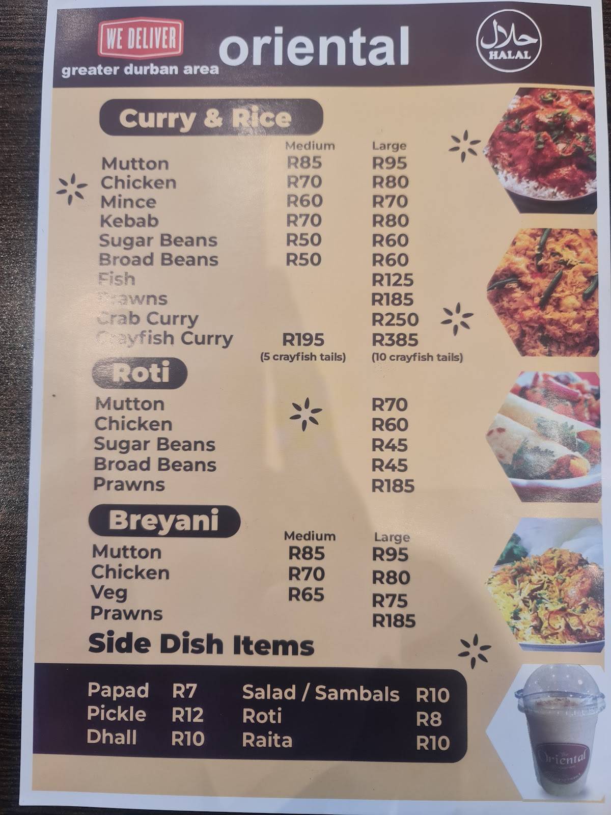 Speisekarte von Orientals restaurant, Durban