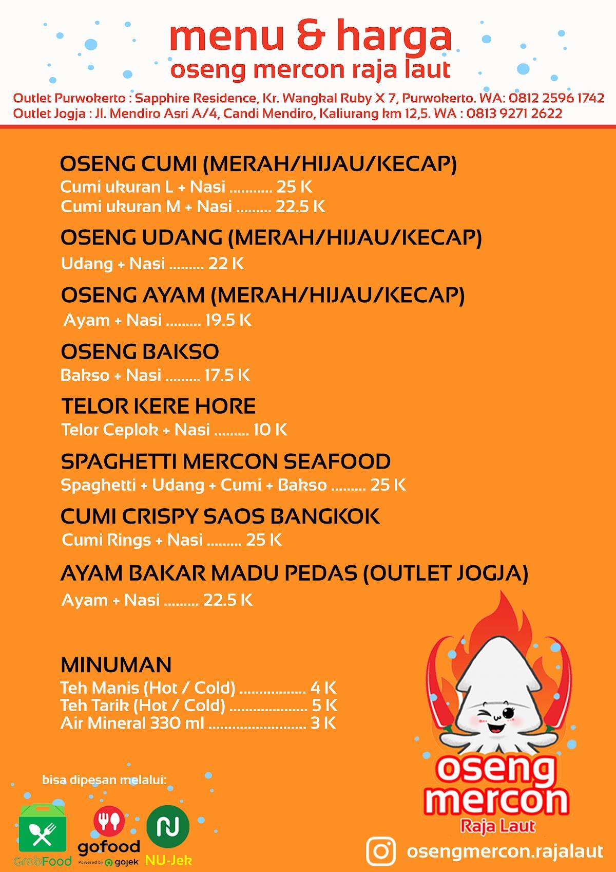 Menu at Oseng Mercon Raja Laut restaurant, Purwokerto