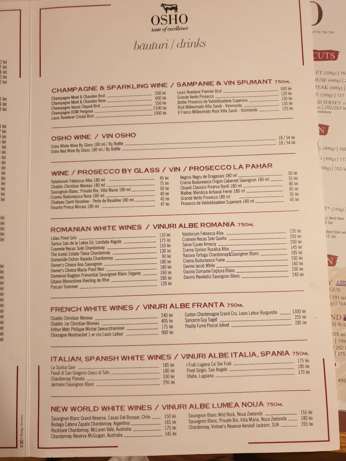 Menu at Osho, Bucharest