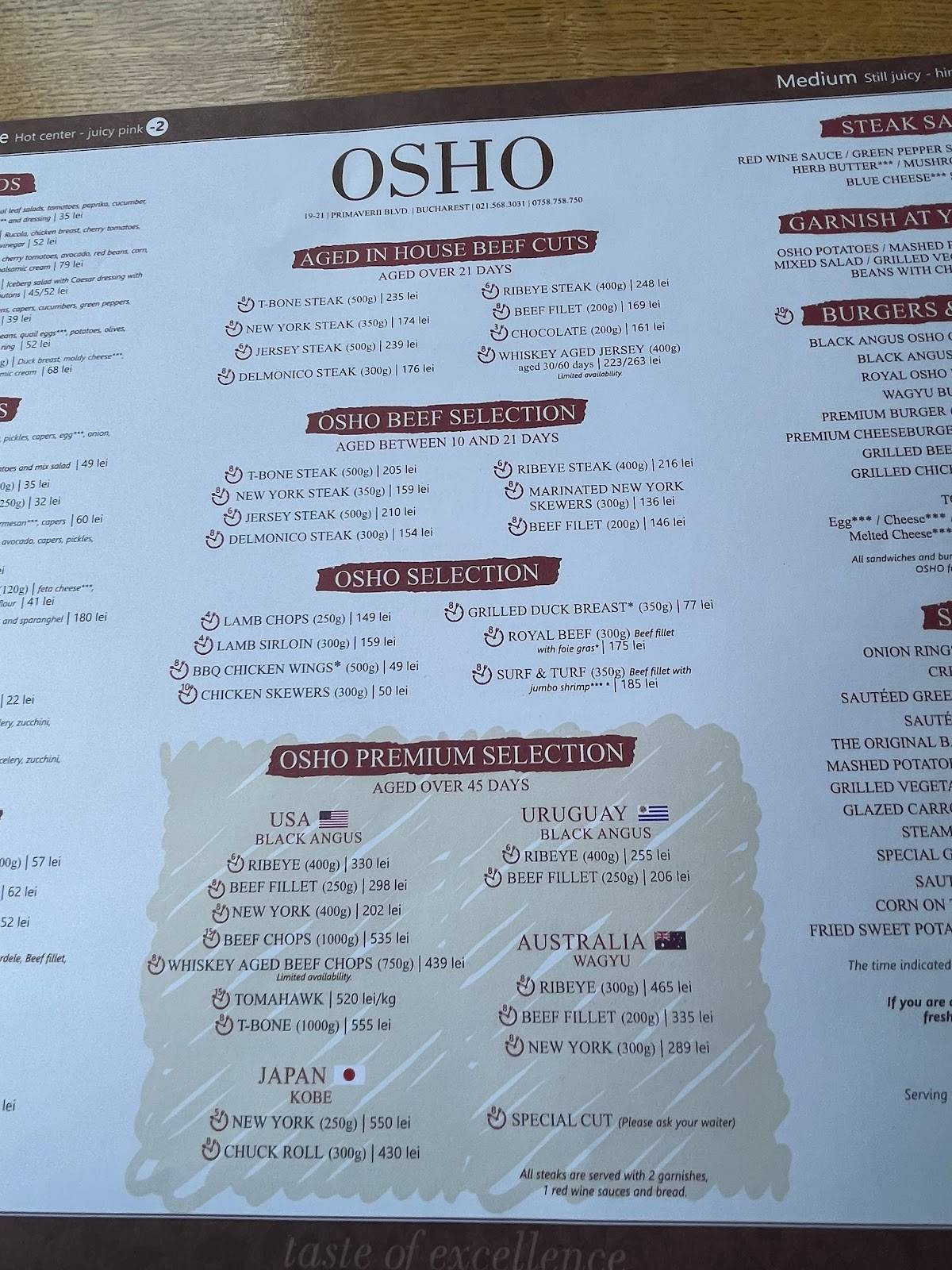 Menu at Osho, Bucharest