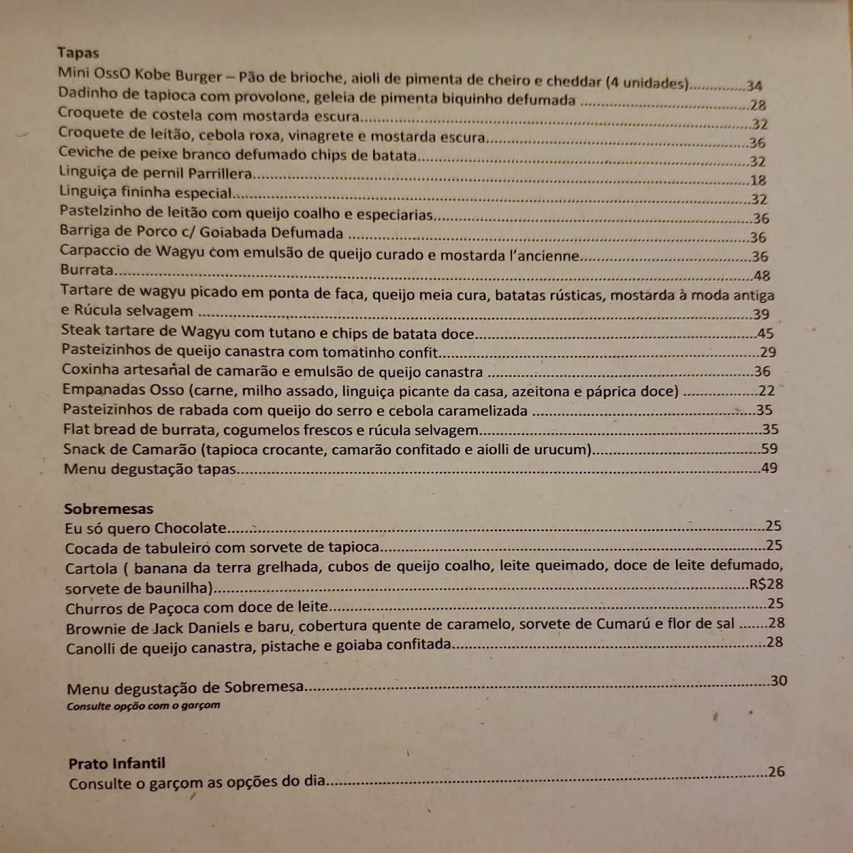 Menu em OssO - Serena Mall restaurante, Nova Lima