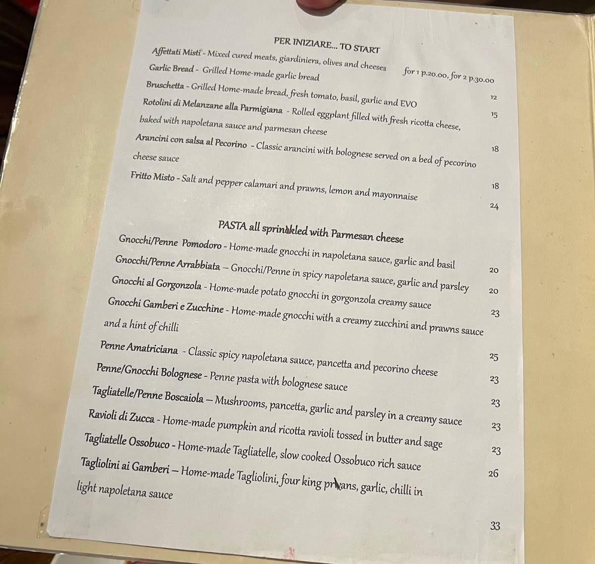 Menu at Osteria a' Mano restaurant, Wyong