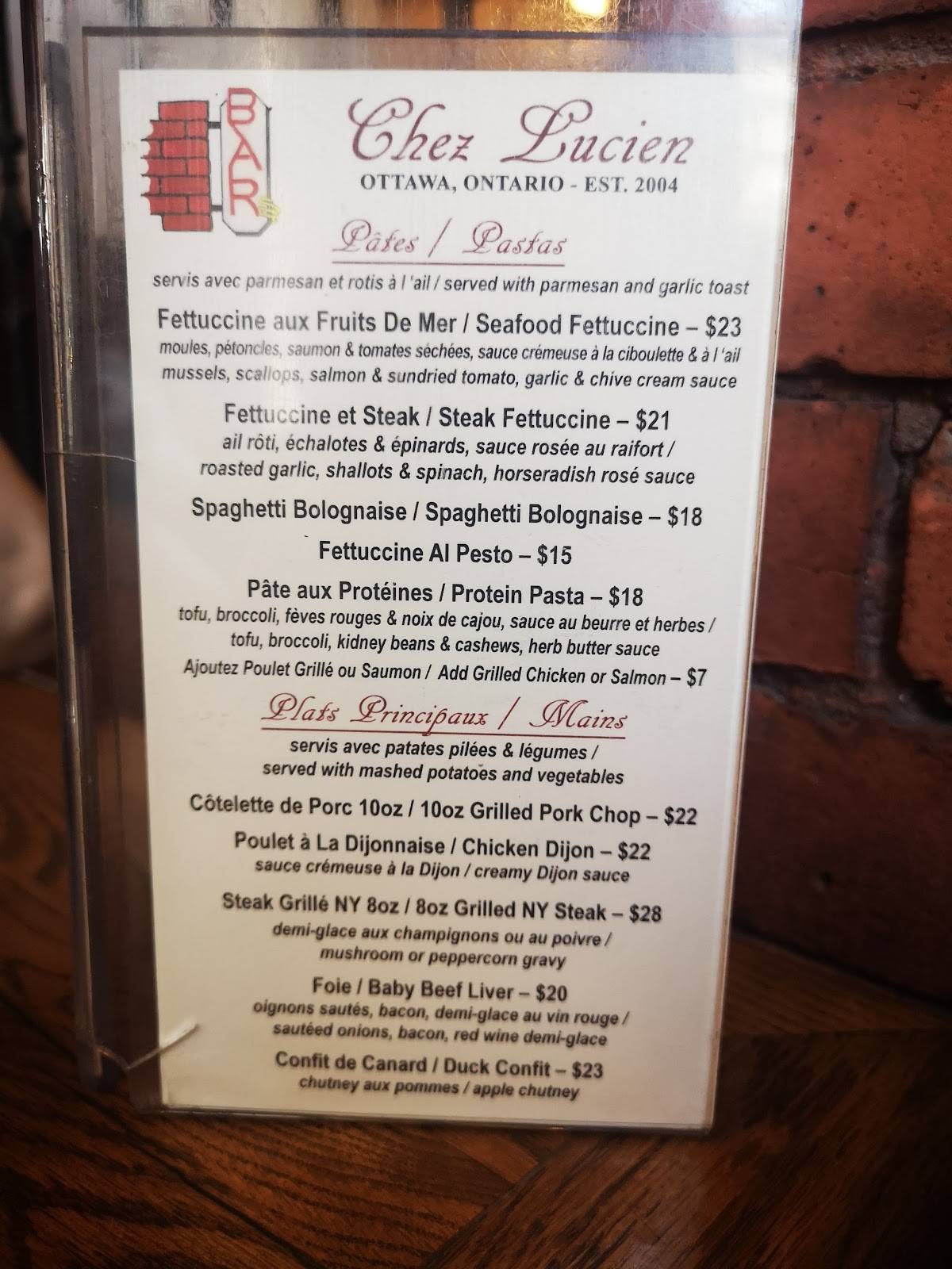 Menu at Chez Lucien pub & bar, Ottawa