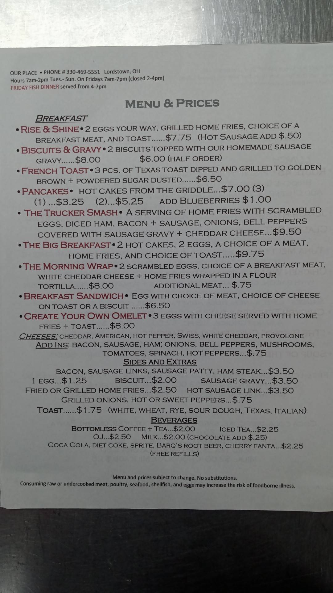 Menu at Our Place Bistro LLC restaurant, Lordstown