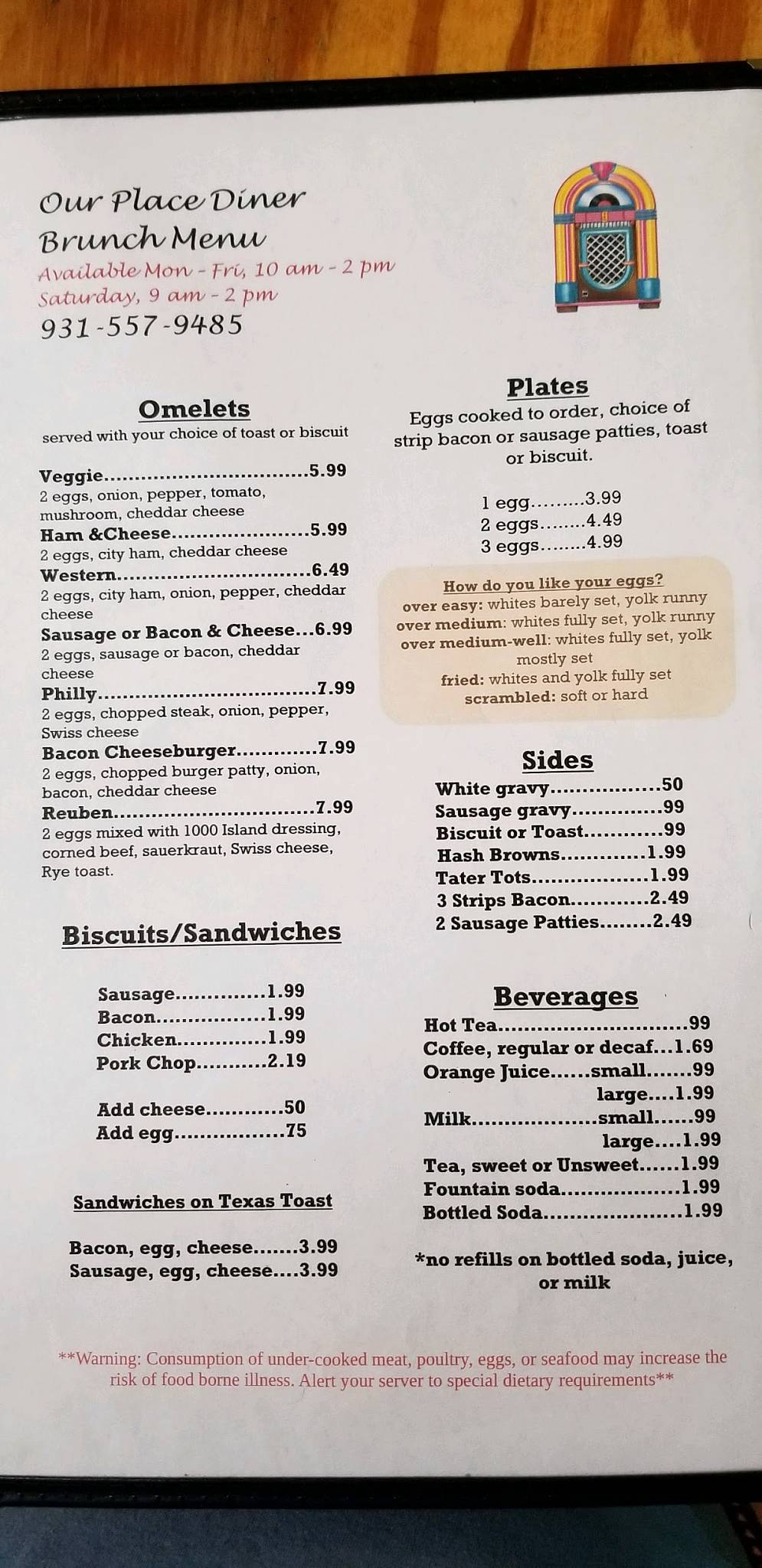 Menu at Our Place Diner restaurant, Fayetteville, 5 W Prospect Rd
