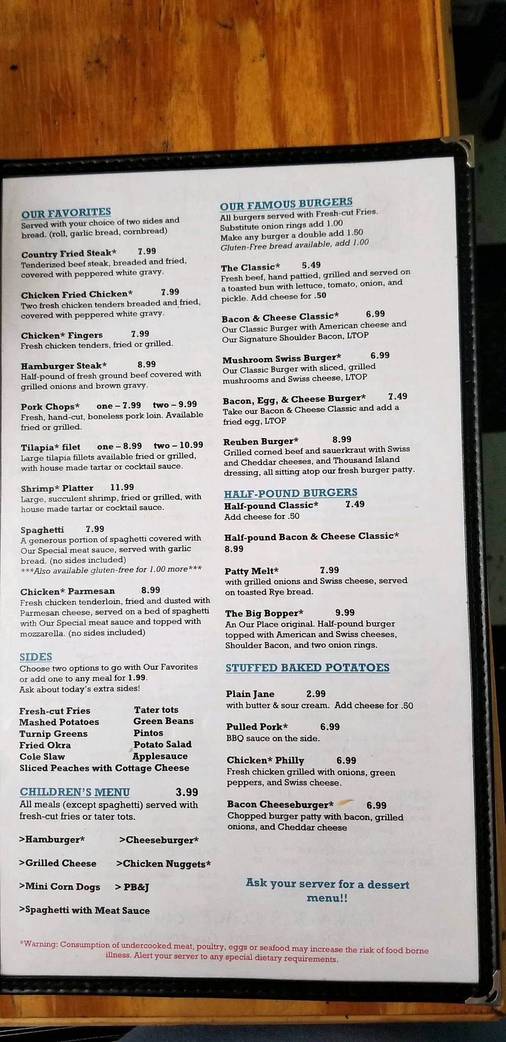 Menu at Our Place Diner restaurant, Fayetteville, 5 W Prospect Rd