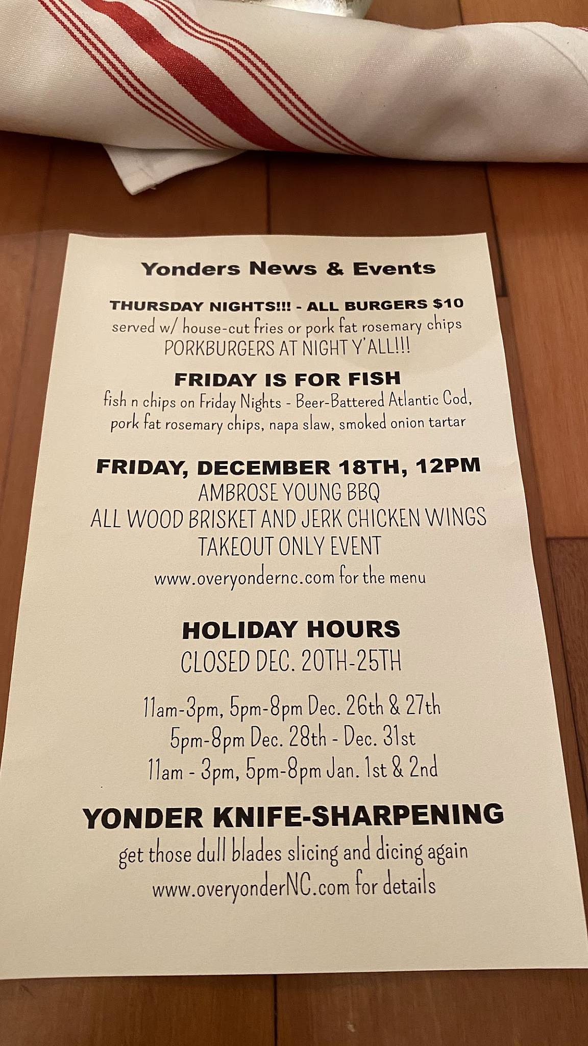 Menu at Over Yonder Restaurant, Valle Crucis, NC-194