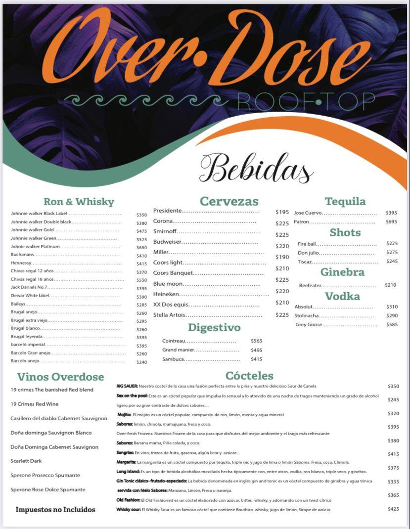 Menu at Overdose Rooftop Bar, Santo Domingo