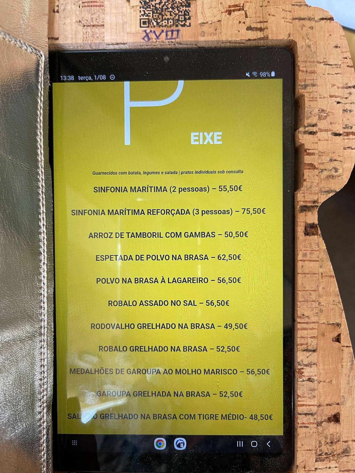 Menu at Oxalá restaurant, Ovar