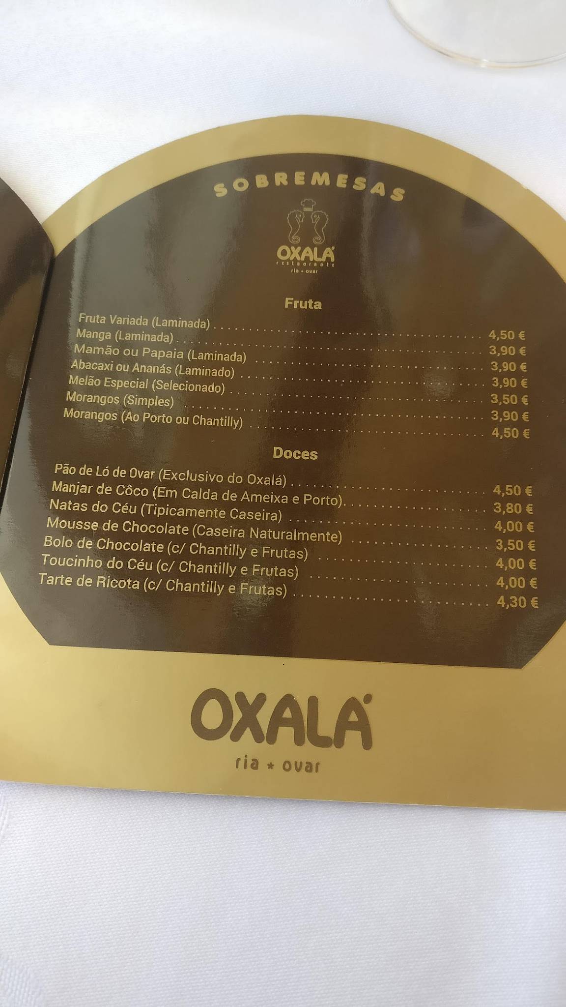 Menu at Oxalá restaurant, Ovar