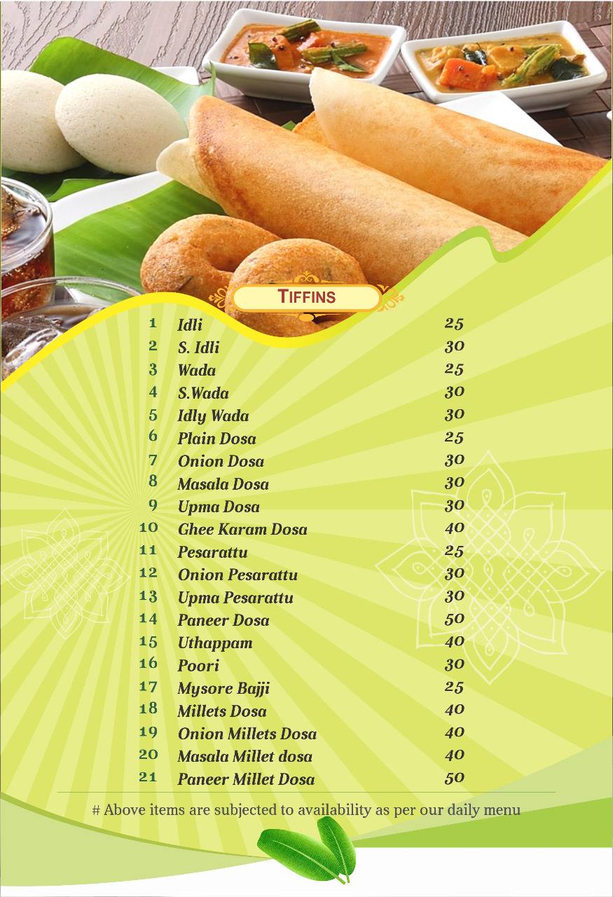 Menu at PALASA Vilas, Hyderabad