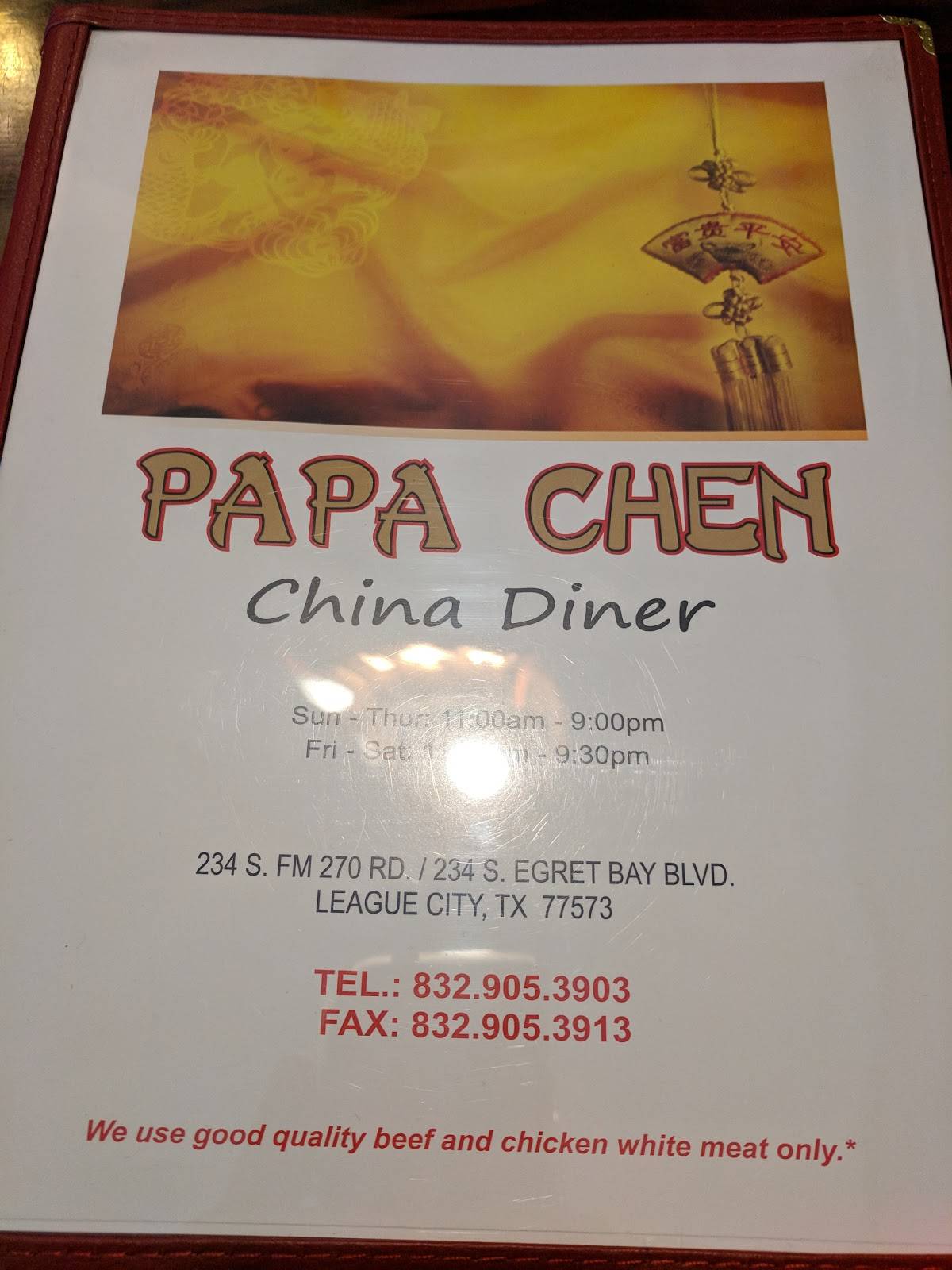 Menu at PAPA CHEN CHINA DINER restaurant, League City, 234 S Egret Bay Blvd
