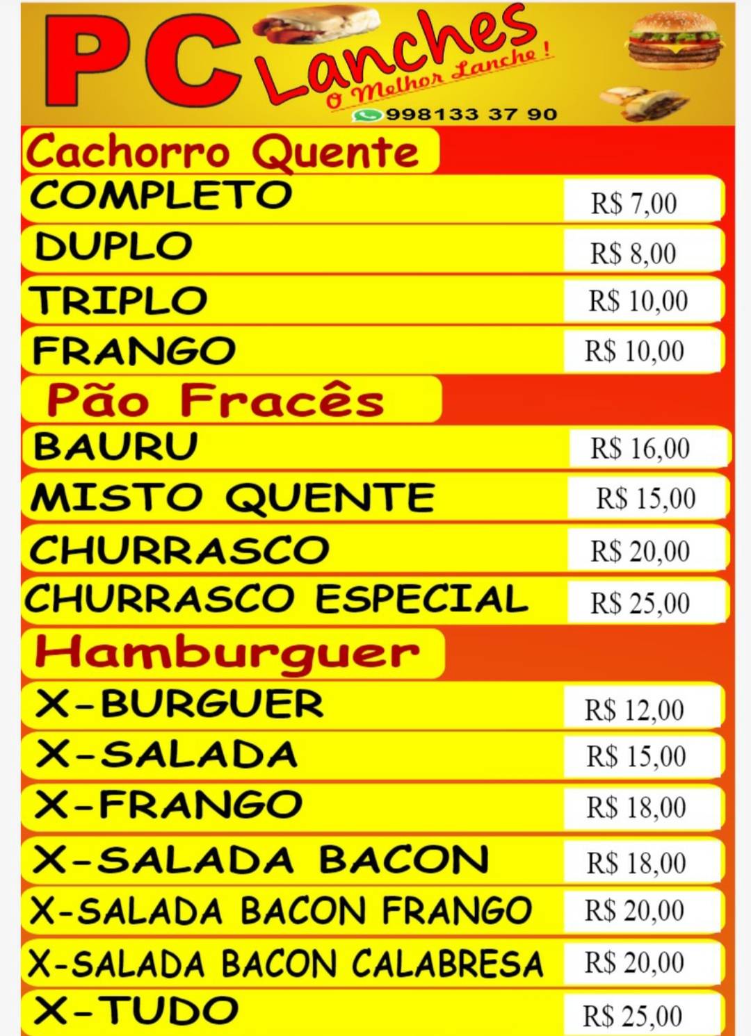 Menu at PC lanches pub & bar, Itapira