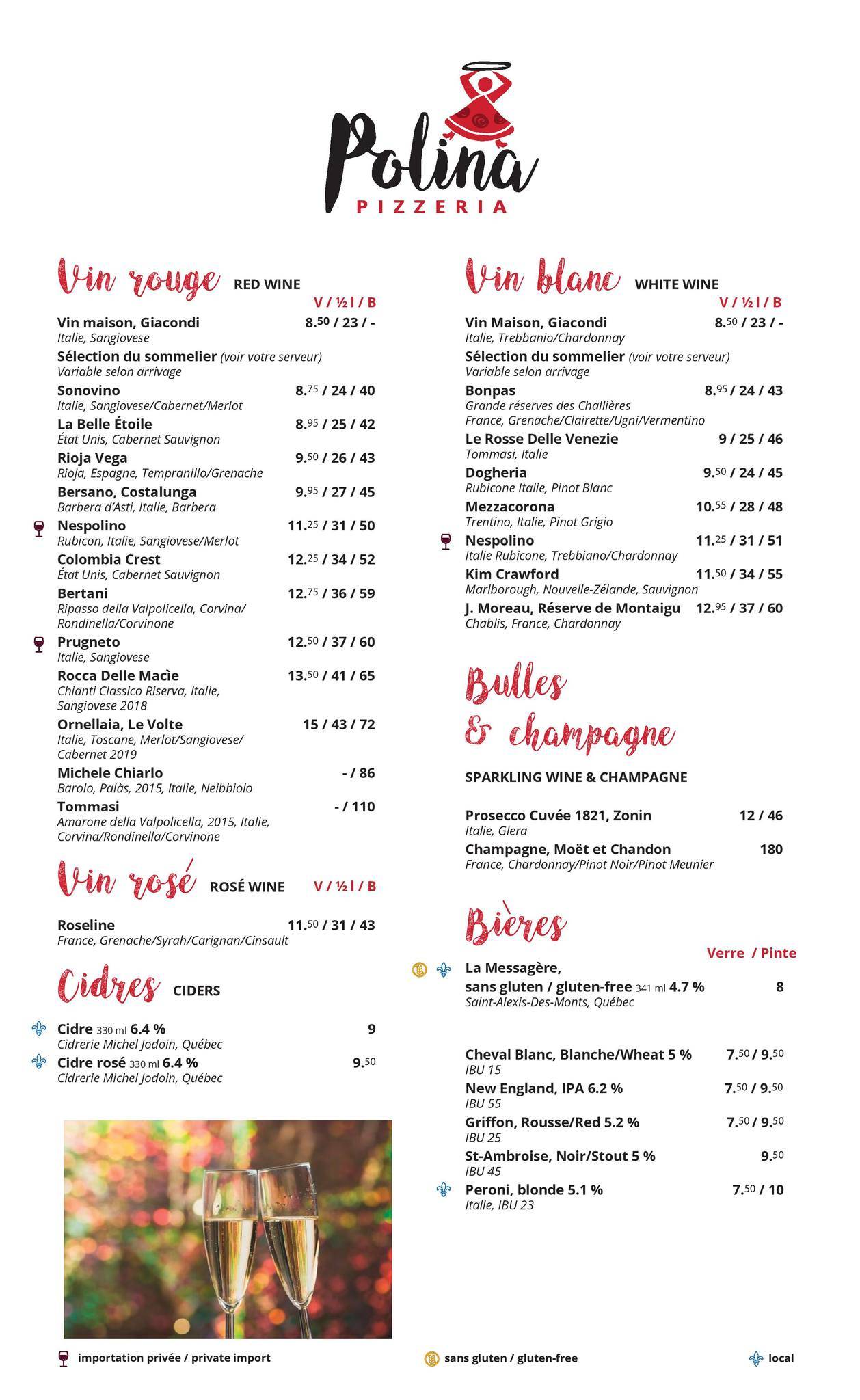 Menu at POLINA Pizzeria, Québec City