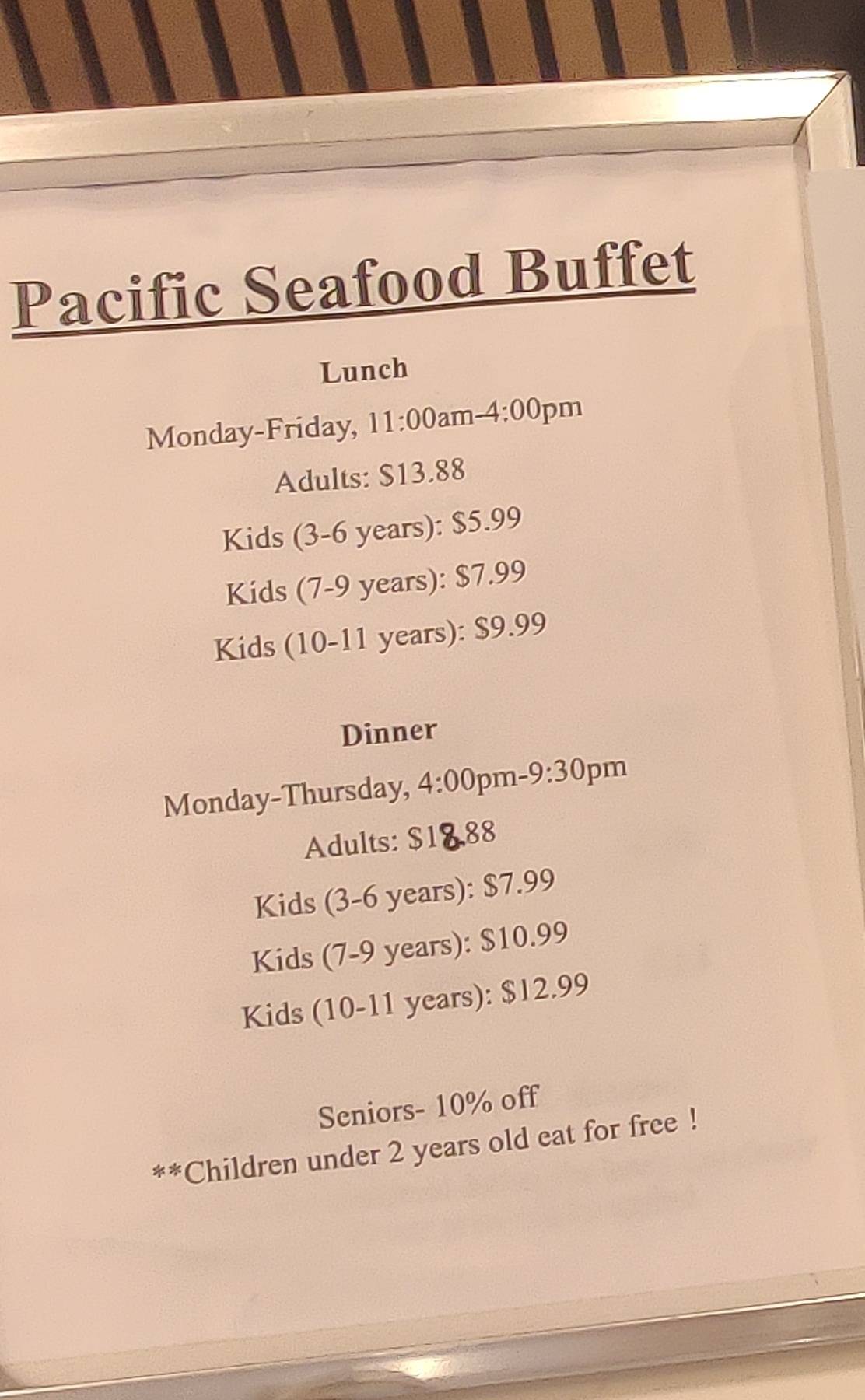 Menu at Pacific Seafood Buffet restaurant, Glendale, 5905 W Bell Rd