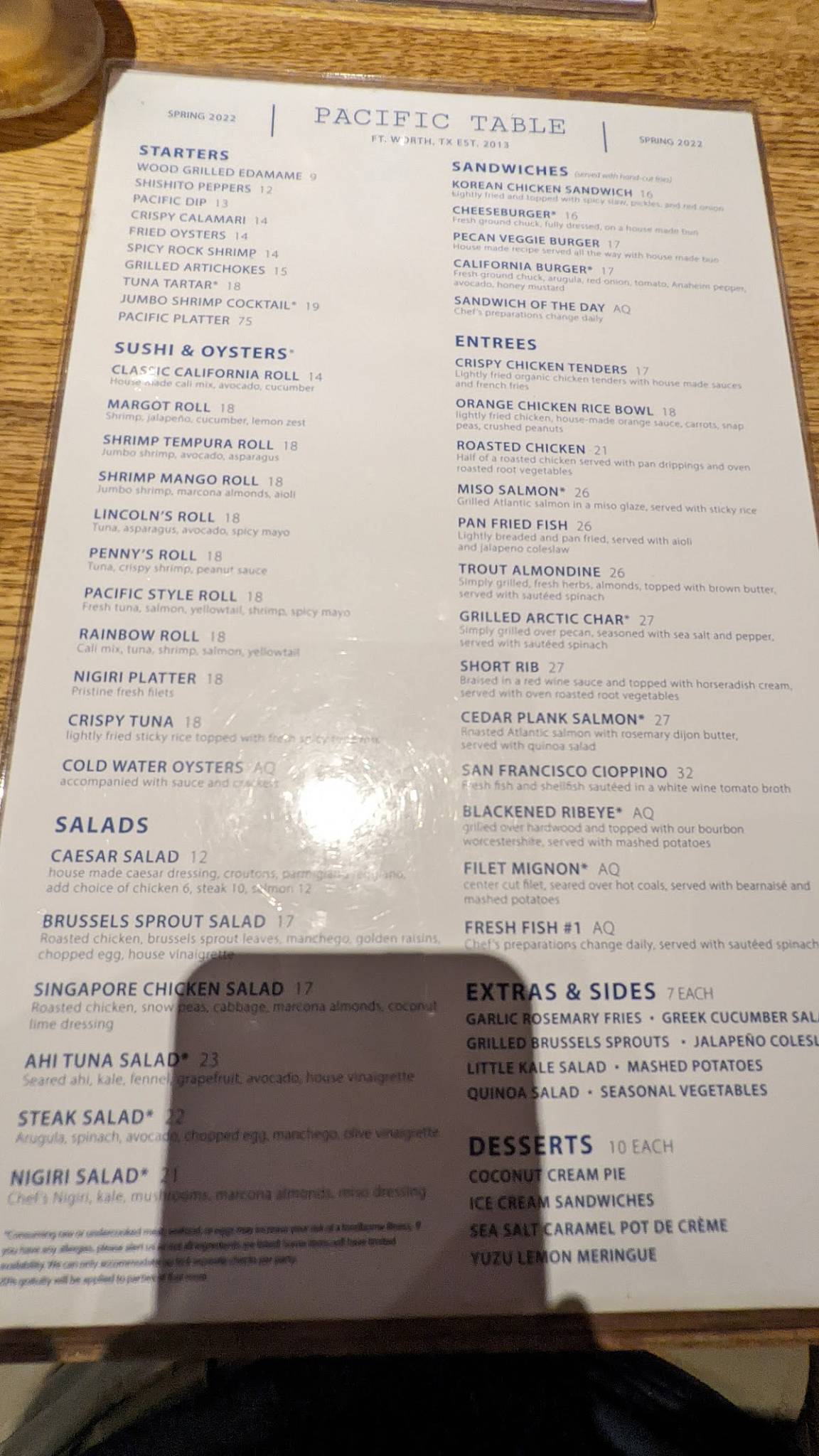 Menu at Pacific Table restaurant, Fort Worth