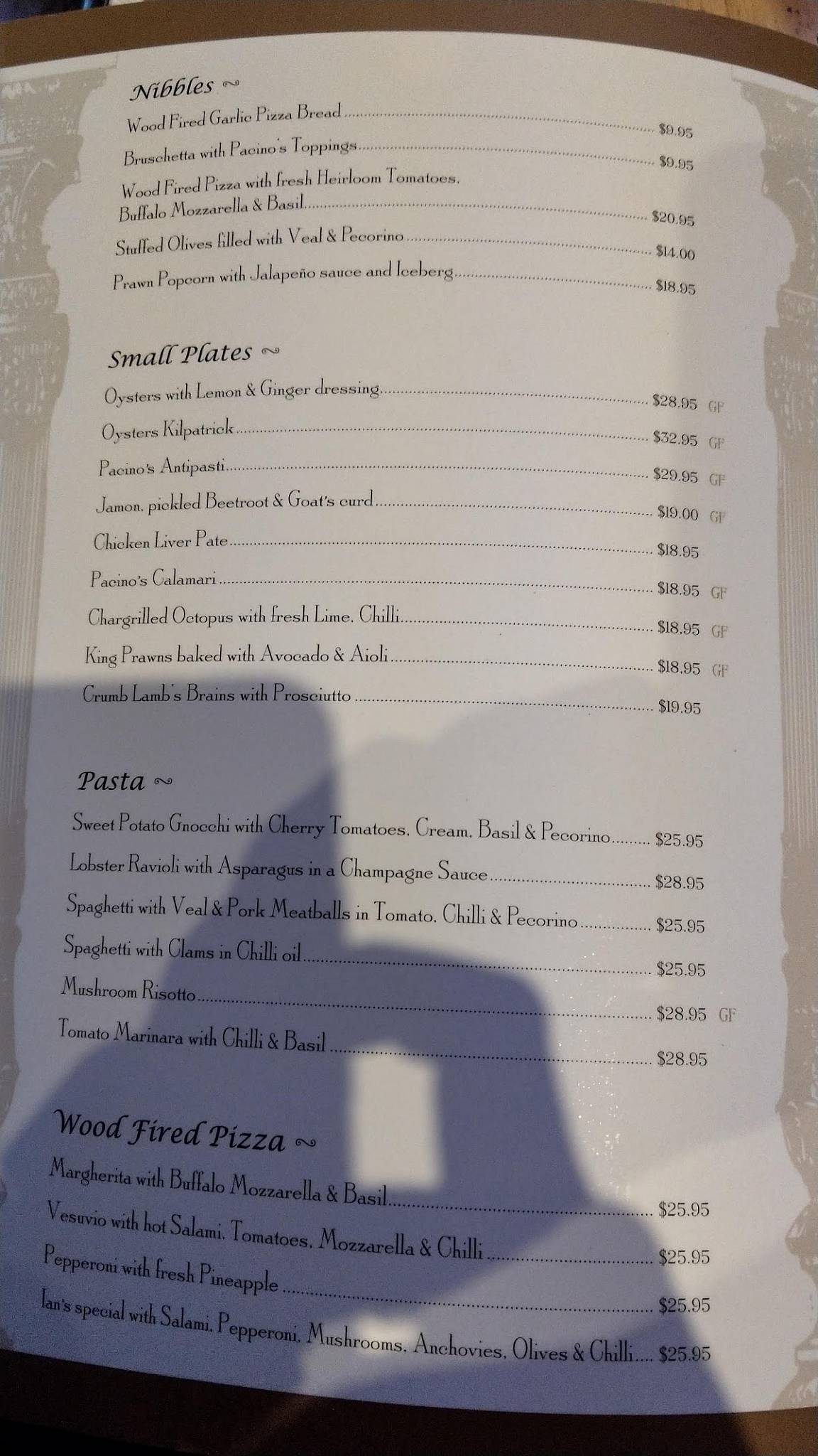 Menu at Pacino's restaurant, Rockhampton City, 5 East St