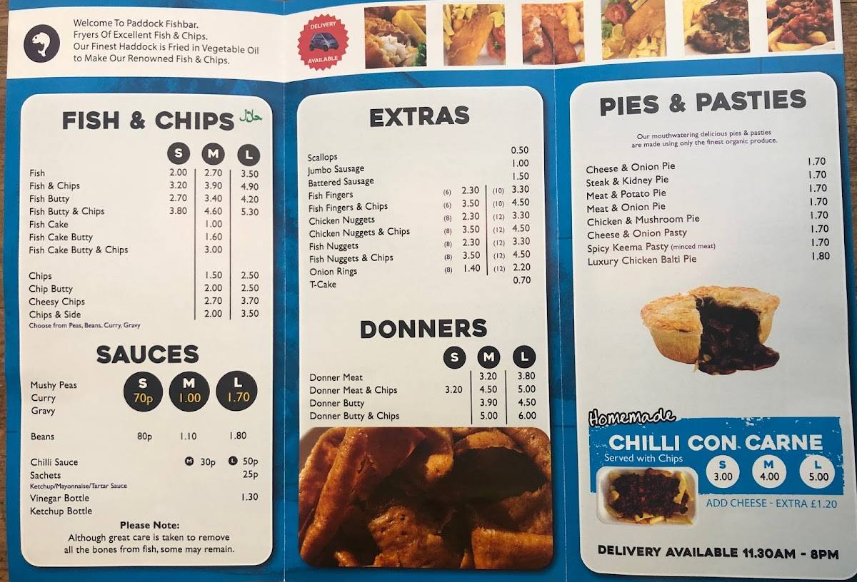 Menu at Paddock Fish Bar, Huddersfield