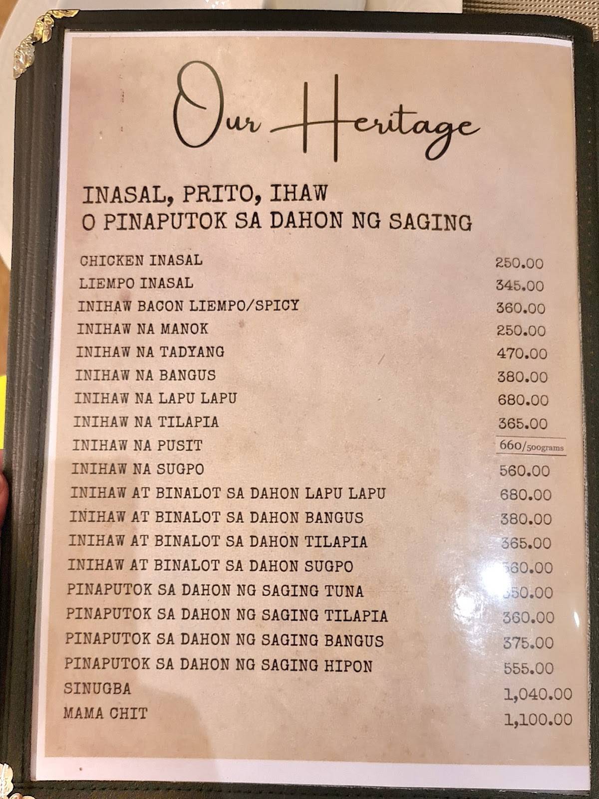 Menu at Pamana Restaurant - Tagaytay, Tagaytay
