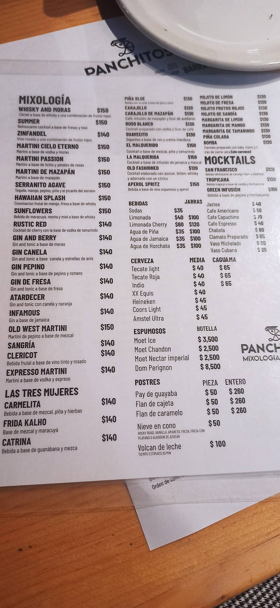 Carta de Panchitos Restaurant, Mexicali