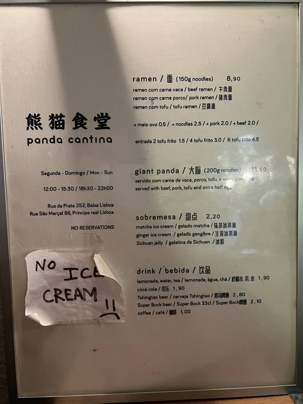Menu em Panda Cantina restaurante, Lisboa, Rua da Prata 252