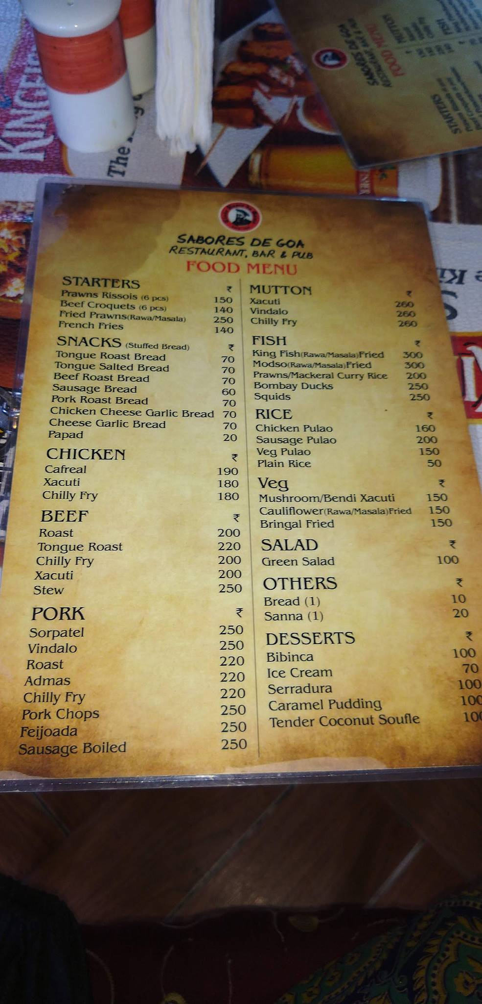 Menu at Restaurante Vasco Da Gama, Panaji