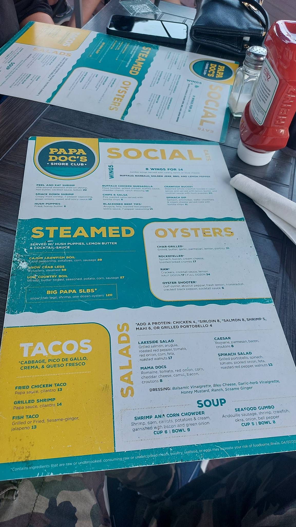 Menu at Papa Doc's Shore Club, Lake Wylie