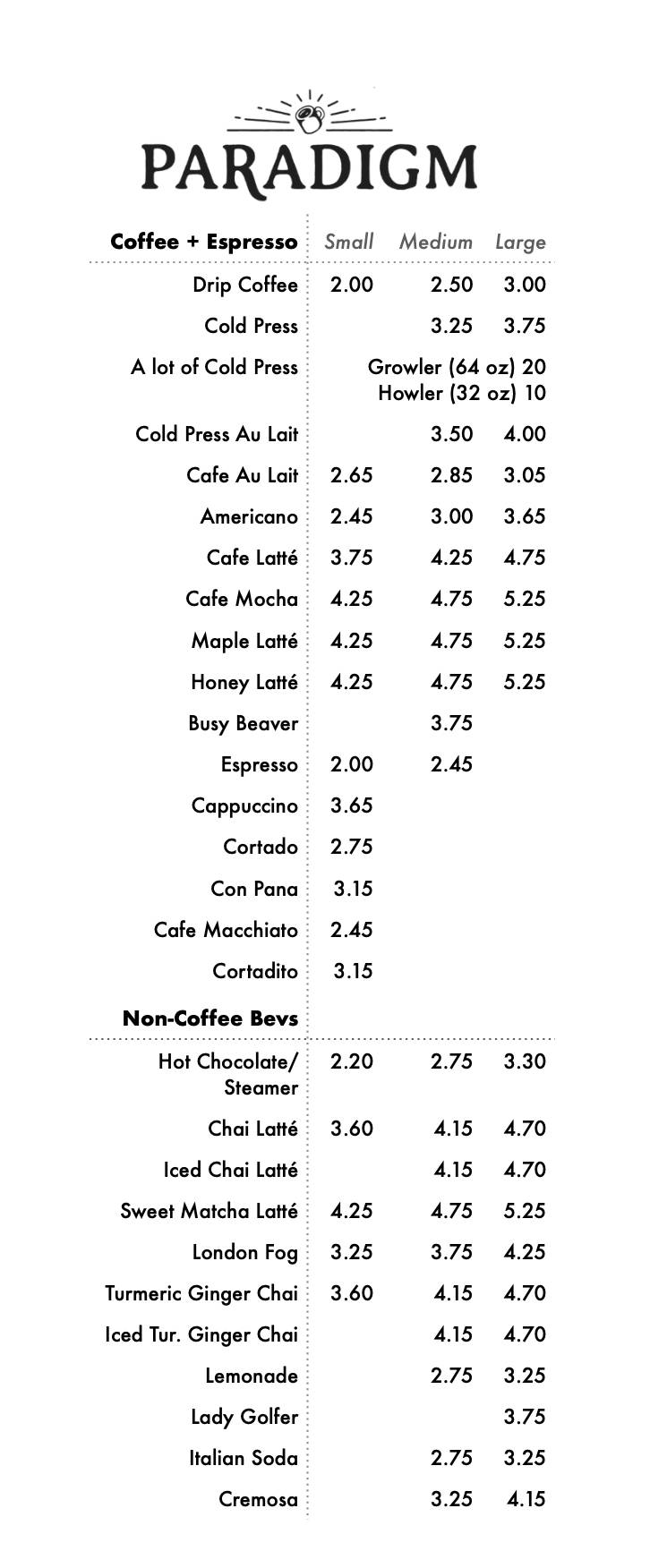 Menu at Paradigm Coffee and Music cafe, Sheboygan