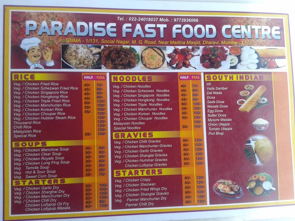 Menu at Paradise Fast Food Center, Mumbai, GNMCA/1-131