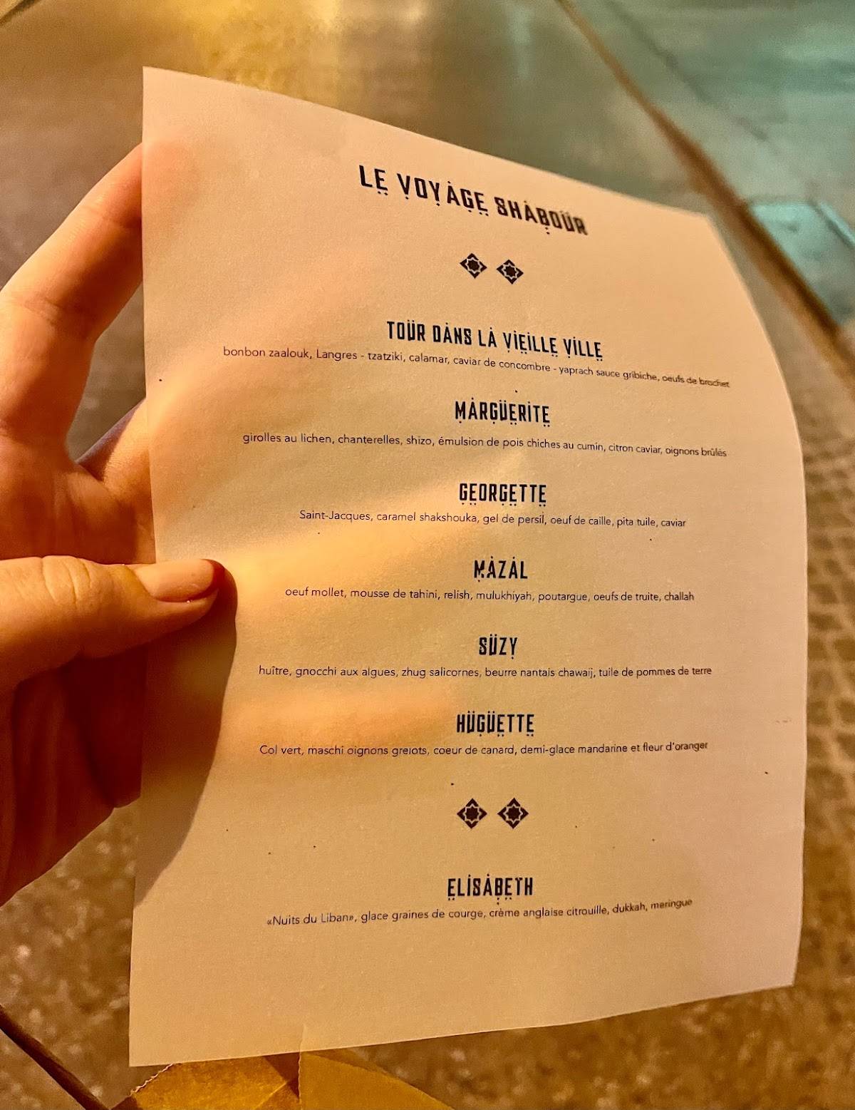 Menu at Shabour restaurant, Paris